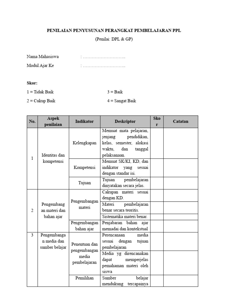 Penilaian Penyusunan Perangkat Pembelajaran PPL | PDF