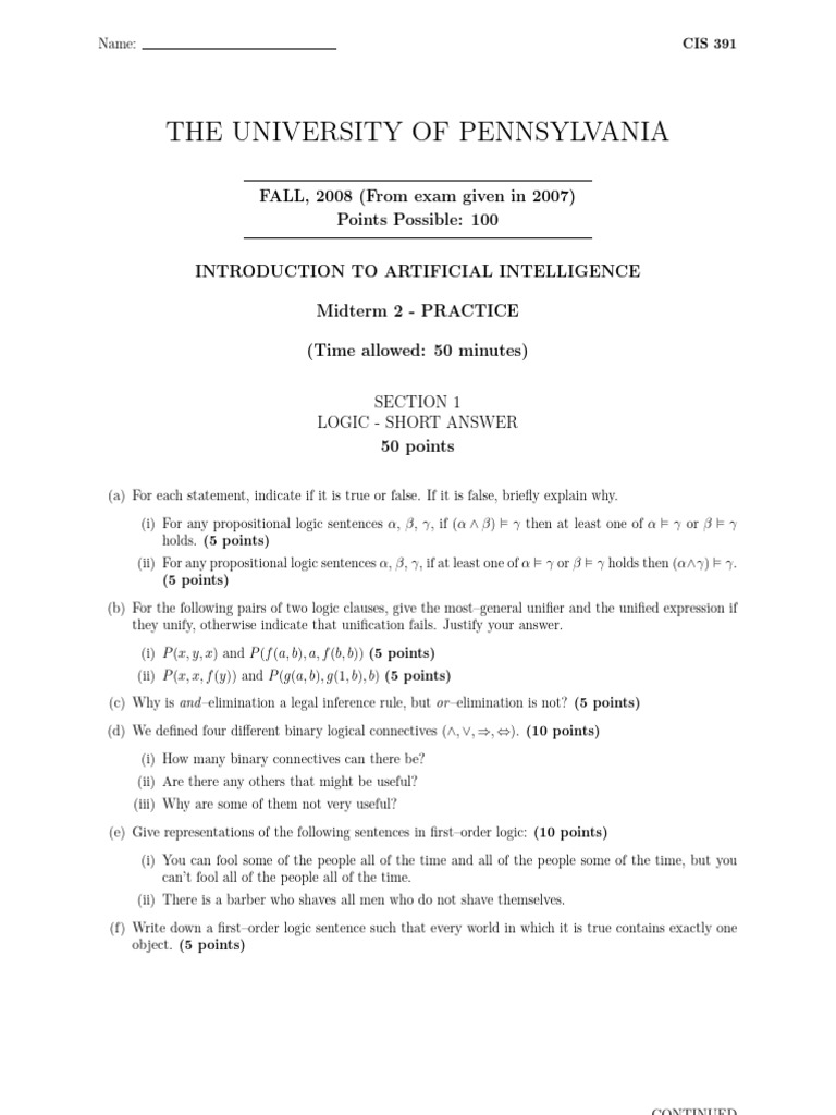 AI Midterm Practice Exam 2008 | PDF