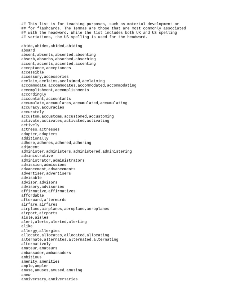 TSL 1.1 Lemmatized For Teaching | PDF