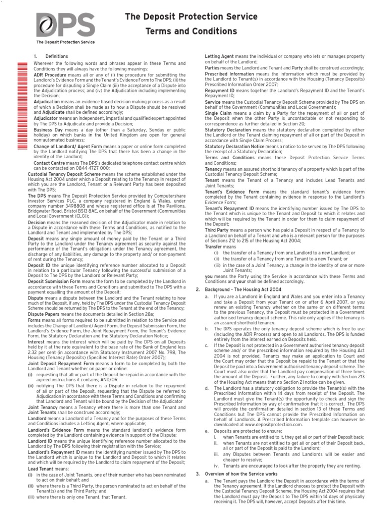 DPS Deposit Protection Terms 2025 | PDF | Leasehold Estate | Landlord