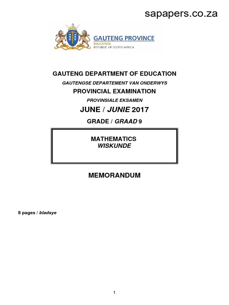 GR 9 Mathematics MEMO 2017 | PDF