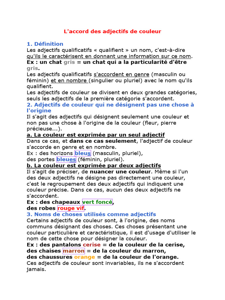 Adjectifs de Couleur | PDF | Arts du langage et discipline | Études des ...