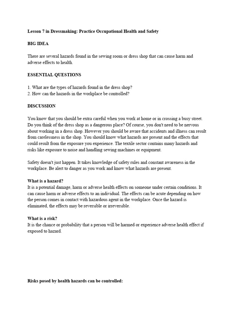 Week 7 in Dressmaking | PDF | Hazards | Personal Protective Equipment