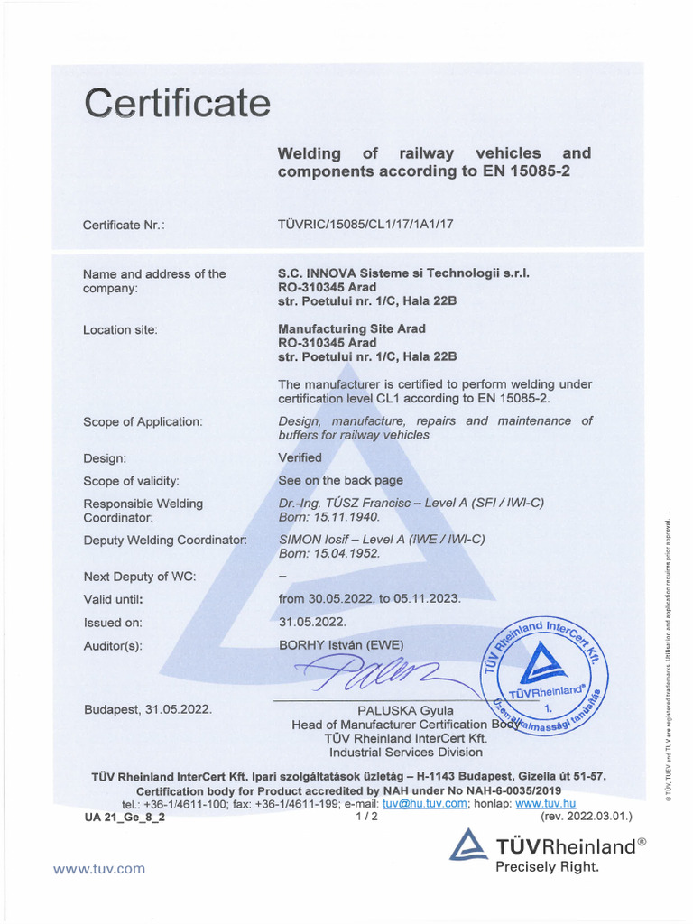 Certificate Innova - EN 15085-2 - FU1 - 2021 - Signed | PDF