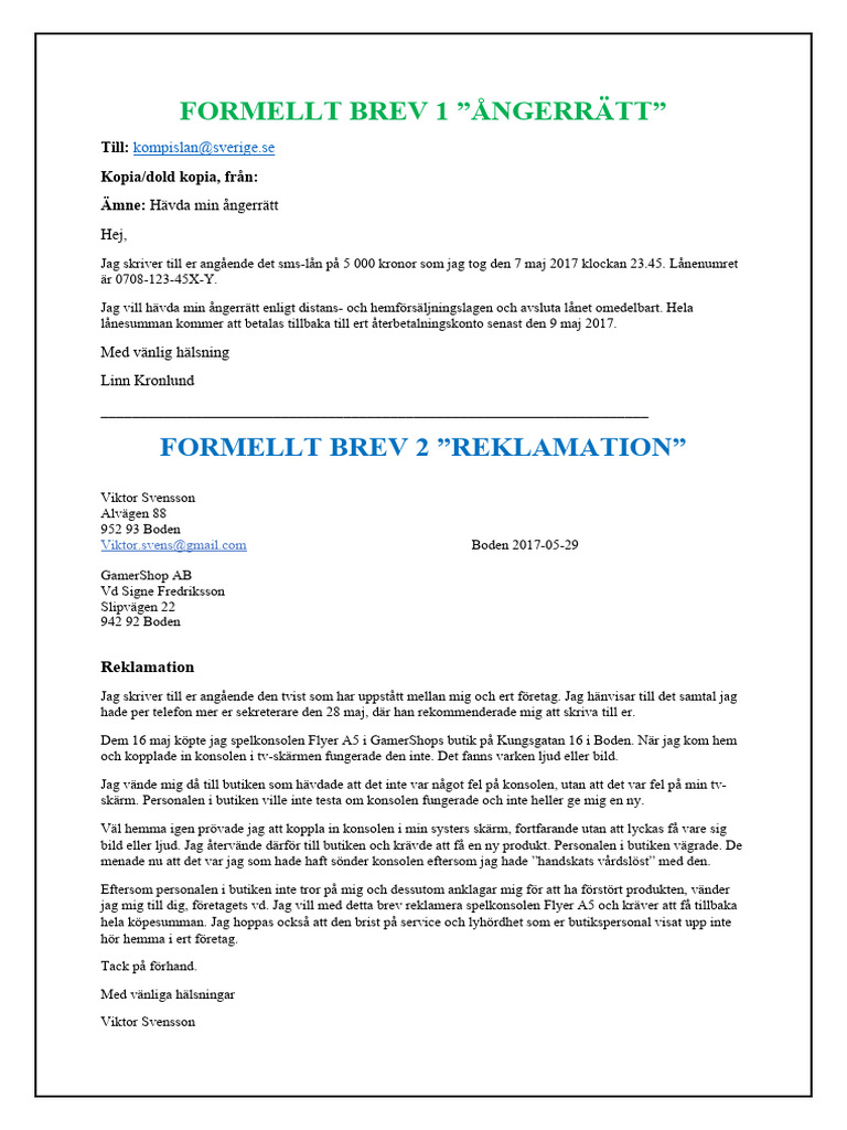 Formellt Brev Övningsmaterial | PDF