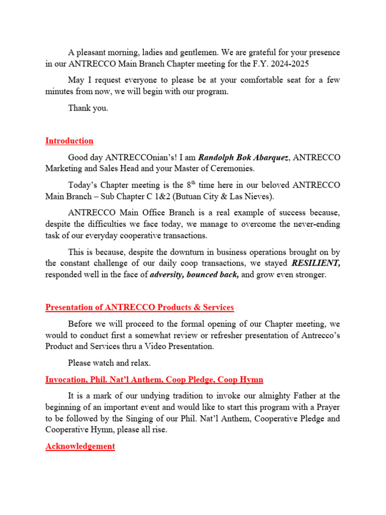 Chapter Meeting Emcee Script | PDF