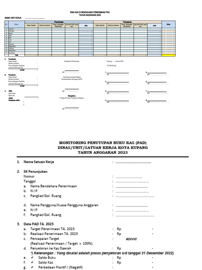 FORMAT TUTUP KAS BENDAHARA PENERIMAAN - 2023 Oke | PDF
