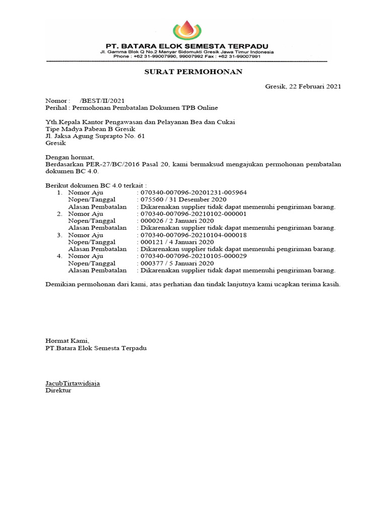 Surat Permohonan Pembatalan BC 40 | PDF