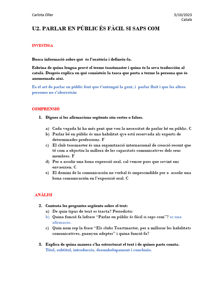 PARLAR EN PÚBLIC. Comprensió I Anàlisi | PDF