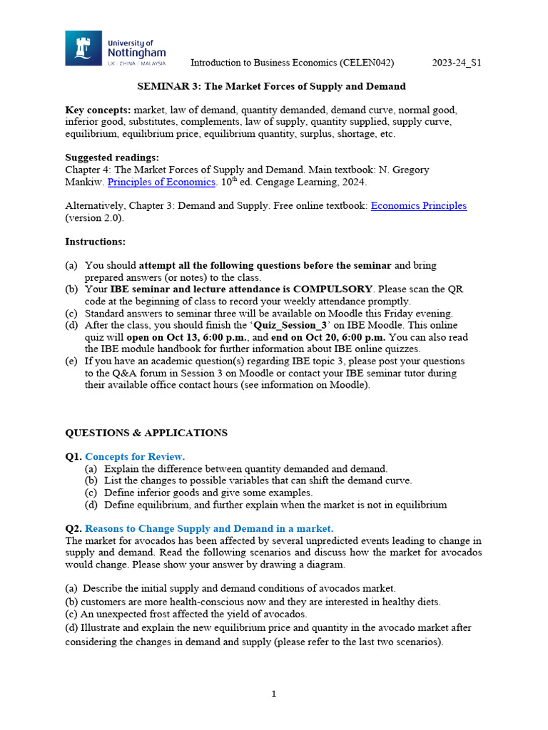IBE Seminar 3_Supply and Demand QUESTIONS | PDF | Supply And Demand ...
