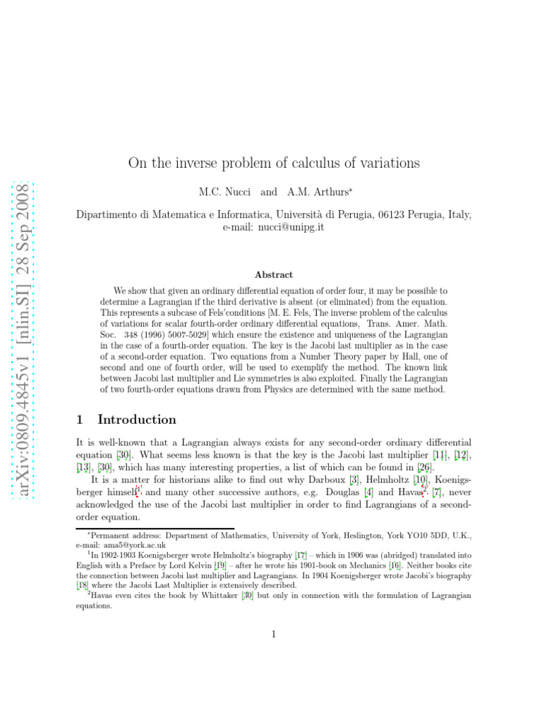 On The Inverse Problem of Calculus of Variations | PDF | Differential Equations | Lagrangian ...