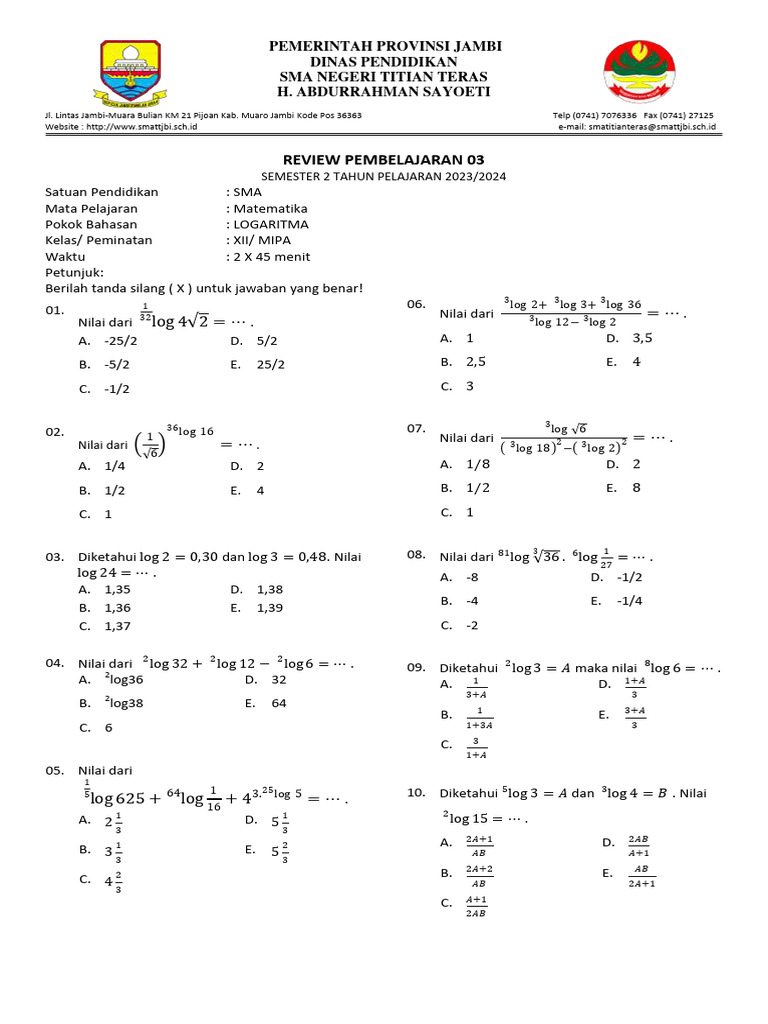 Revie 03 LOGARITMA A | PDF
