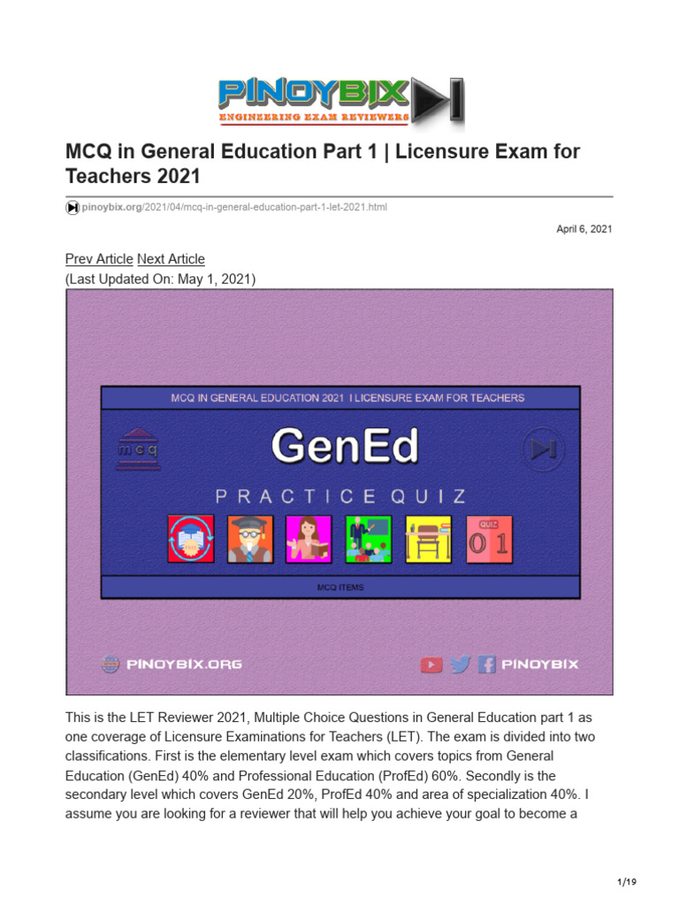 General Education Part 1 Licensure Exam For Teachers 2021 | PDF ...