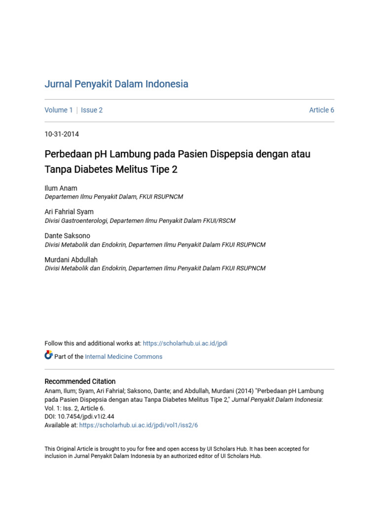 Perbedaan PH Lambung Pada Pasien Dispepsia Dengan Atau Tanpa Diab | PDF
