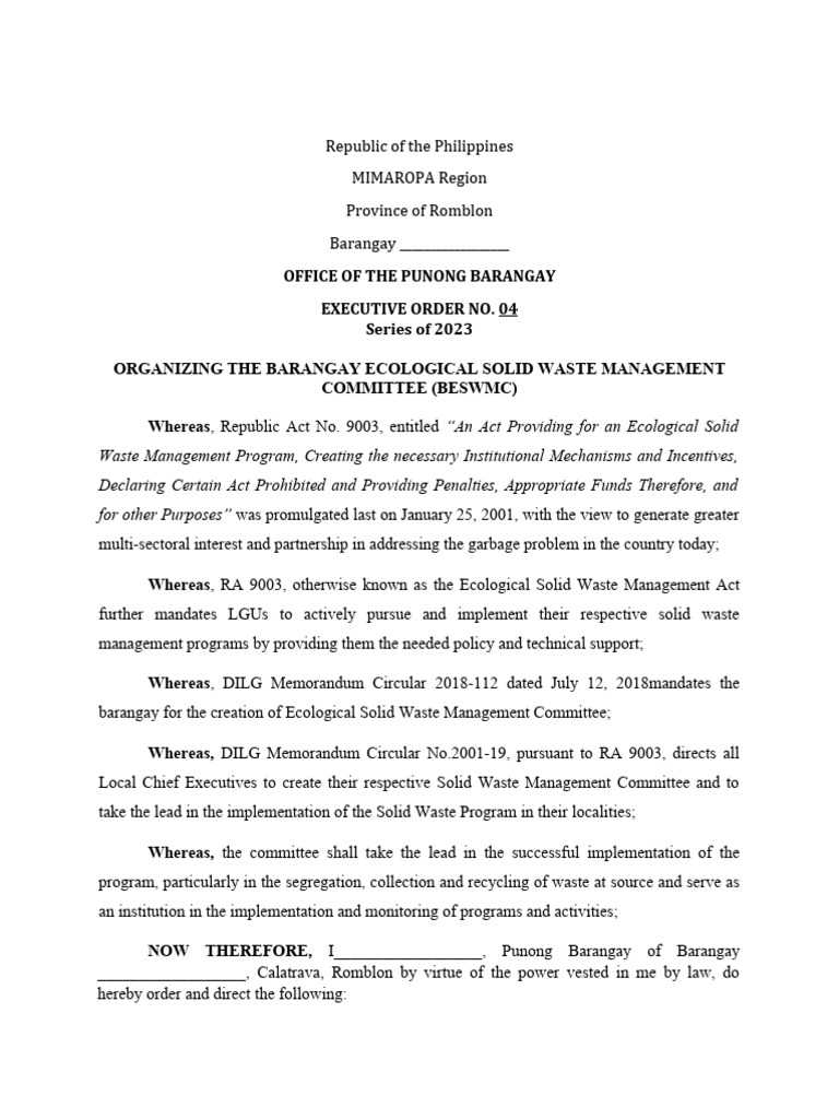 EO Barangay Ecological Solid Waste and Management Committee | Download ...