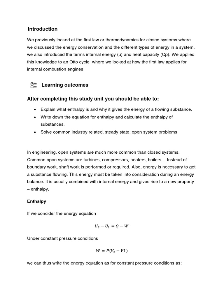First Law For Open System Notes | PDF | Enthalpy | Gases