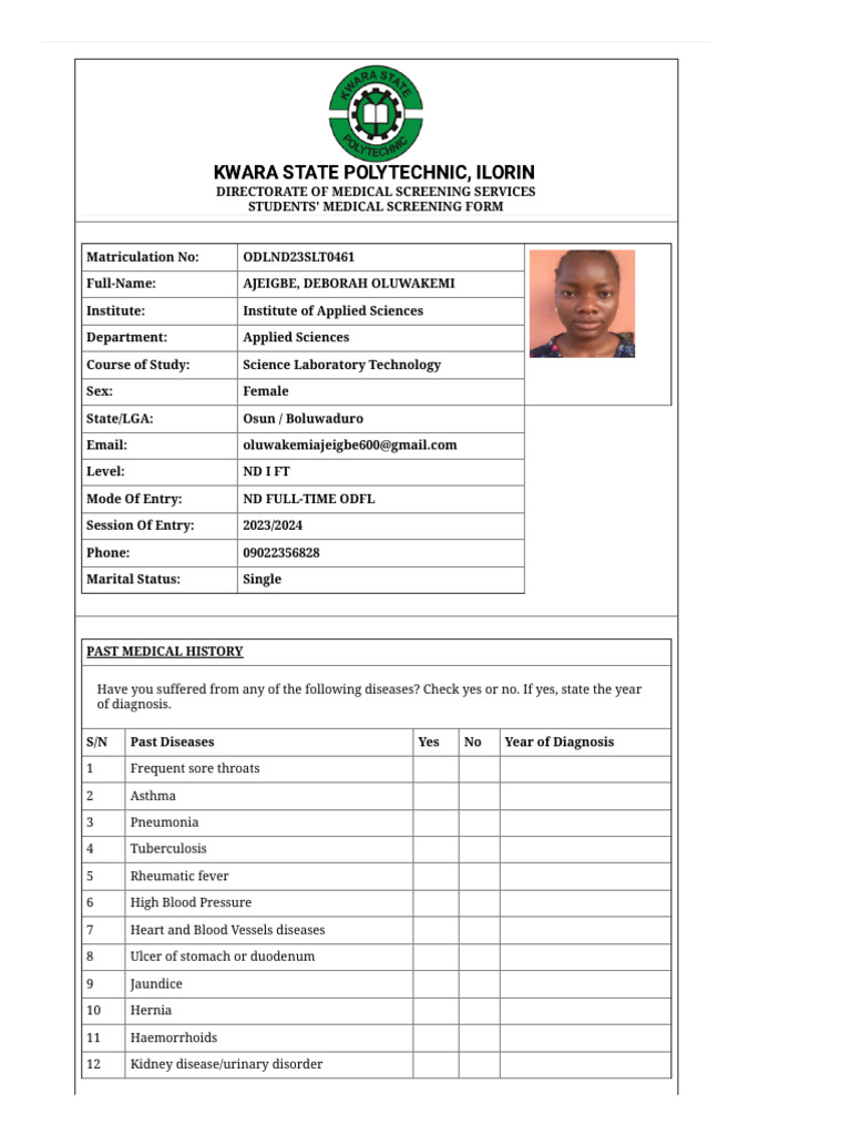 Medical Form Deborah | PDF | Physical Examination | Diseases And Disorders