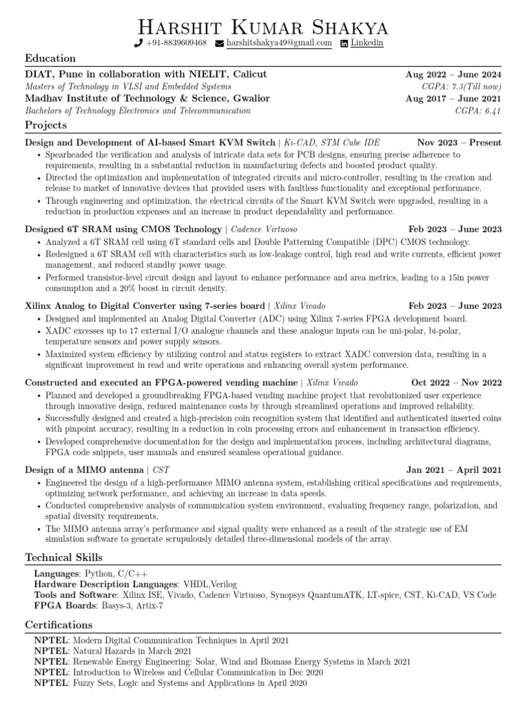 Harshit S Resume | PDF | Field Programmable Gate Array | Mimo