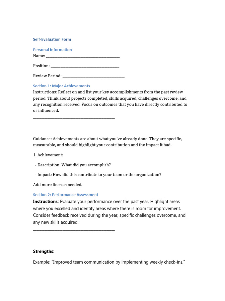 Reformatted Self Evaluation Form | PDF | Goal | Cognition