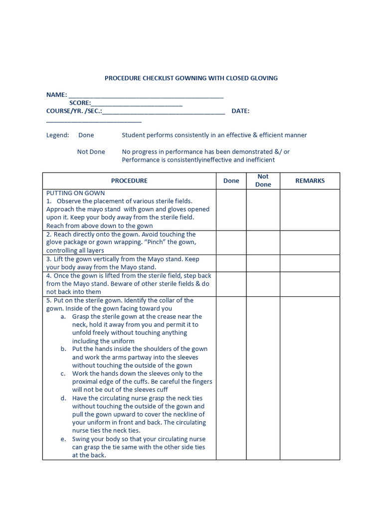 Procedure Checklist Gowning With Closed Gloving 1 | PDF | Glove | Hand