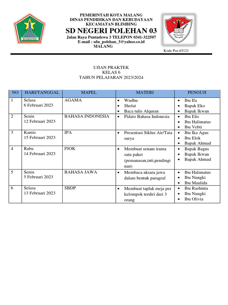 Ujian Praktek Kelas 6-1 | PDF