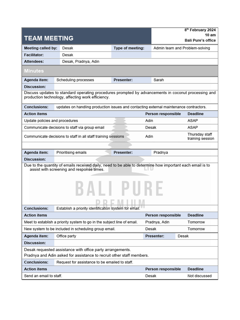 Bali Pure Admin Team Meeting Minutes | PDF
