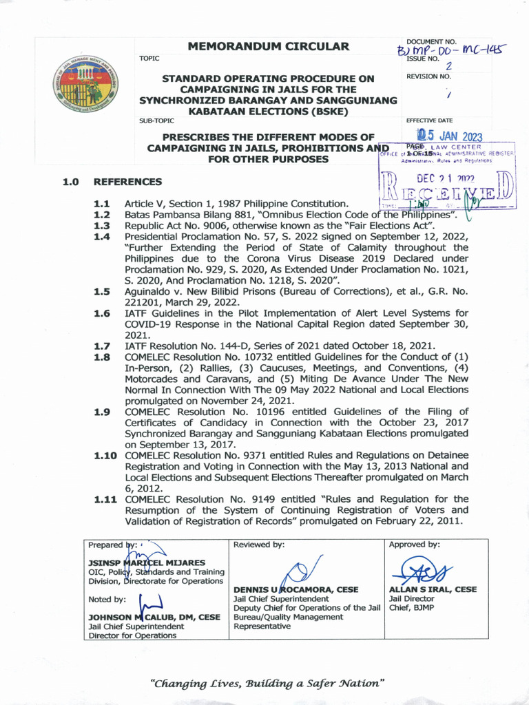 01.05.2023 Bjmp-Do-Mc-145 Standard Operating Procedure On Campaigning in Jail For The ...