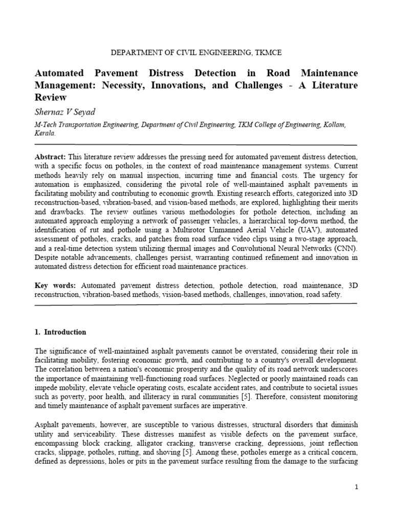 Automated Pavement Distress Detection in Road Maintenance Management Necessity, Innovations, and ...