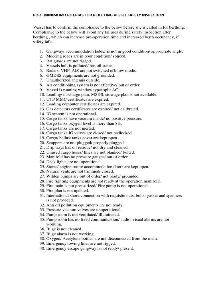 Vessel Safety Inspection Criteria | PDF