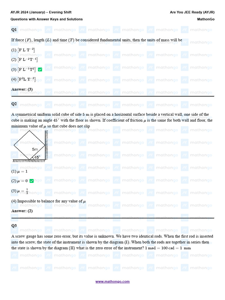 AYJR 2024 (January) - Evening Shift - Final Answer Keys | PDF | Gases | Applied And ...