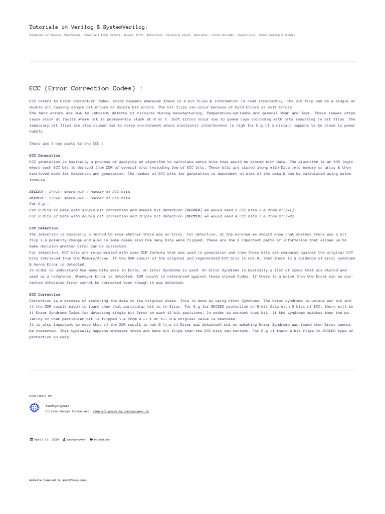 Ecc Error Correction Codes Tutorials In Verilog And Systemverilog Pdf