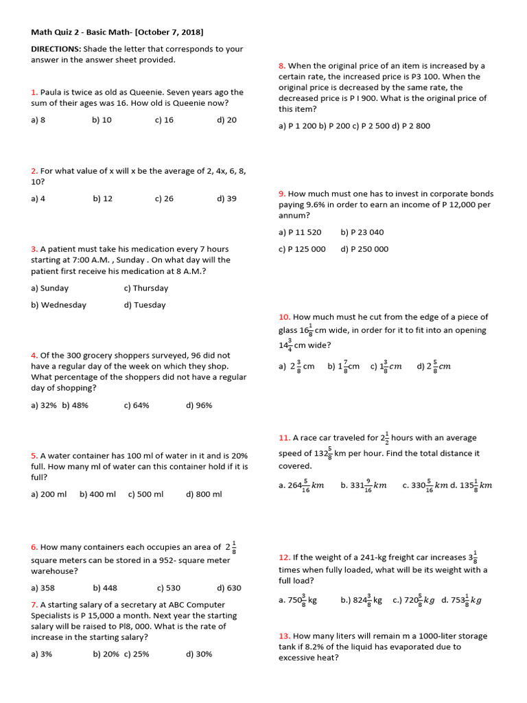 SASE Math - Quiz 2 Questionnaire | PDF | Length | Economies