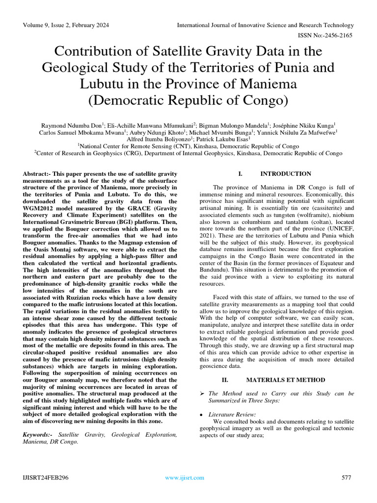 Contribution of Satellite Gravity Data in The Geological Study of The Territories of Punia and ...