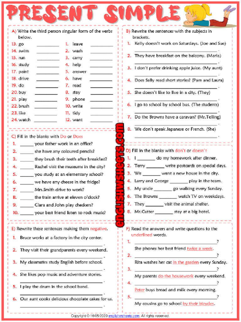 Present Simple Tense Esl Printable Grammar Test Worksheet | PDF