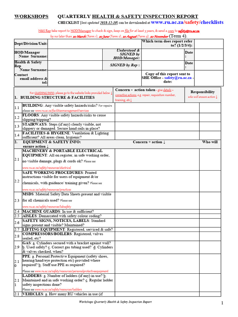 Workshop Quartely Inspections Template | PDF | Fire Safety | Safety