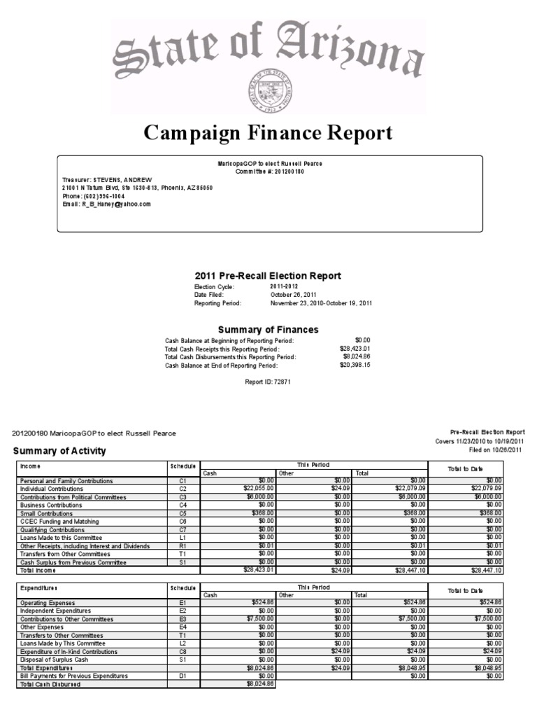 Campaign Finance Report: 2011 Pre-Recall Election Report | PDF | Fee ...