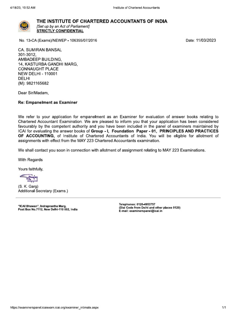 ICAI Examiner - SB Letter | PDF