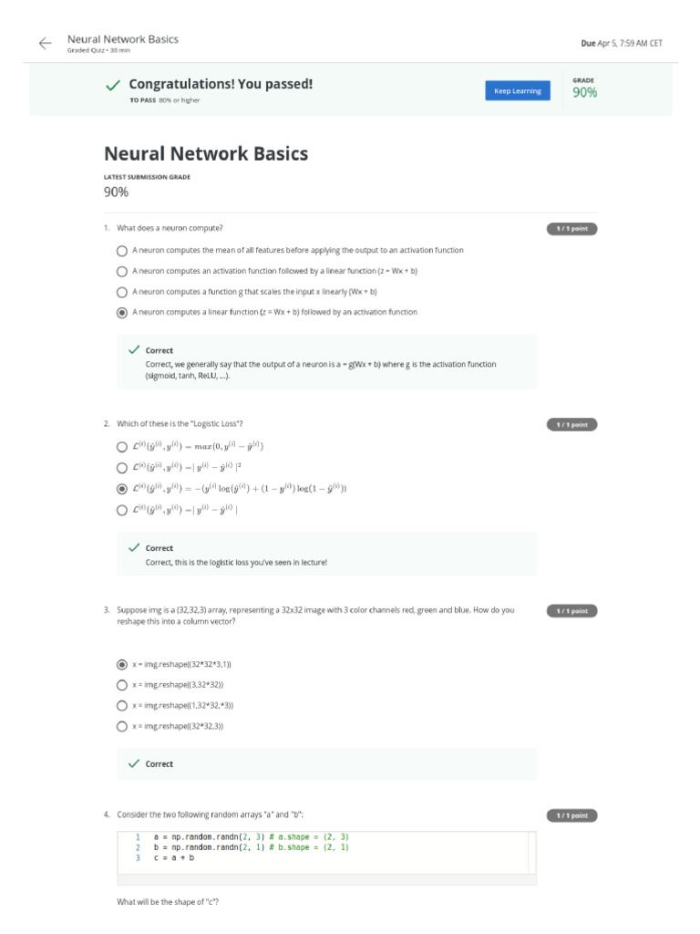 Neural Networks Deep Learning Quiz2 | PDF