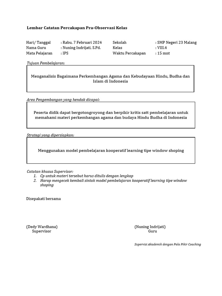 Lampiran 4 - Lembar Catatan Percakapan Pra-Observasi Nuning Indrijati | PDF