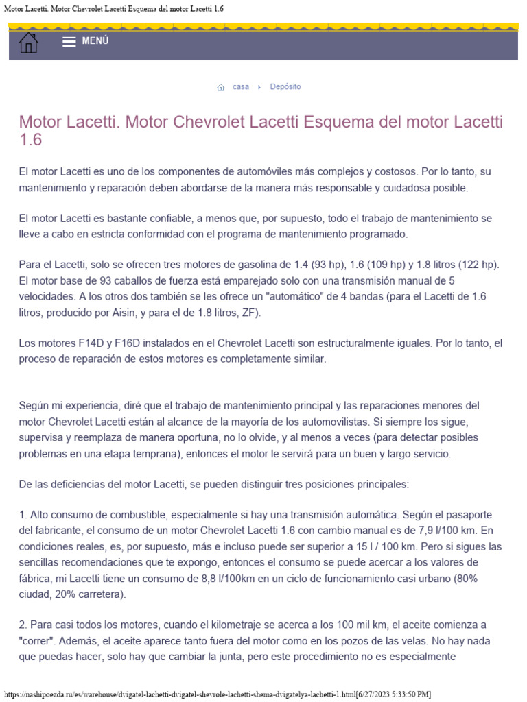 Motor Chevrolet Lacetti Esquema Del Motor Lacetti 1.6 | PDF | Aceite de ...
