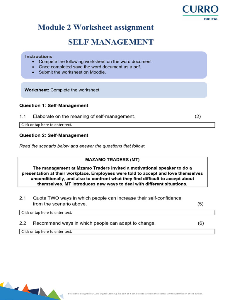 Self-Management Worksheet Assignment | PDF