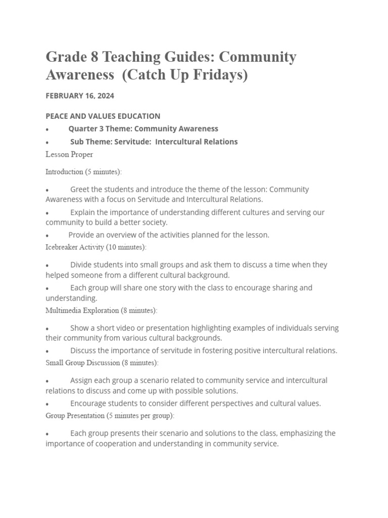 Grade 8 Guide: Community Awareness Lesson | PDF