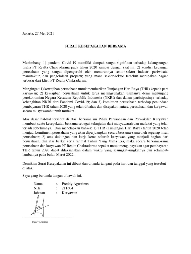 Perjanjian THR 2020 | PDF | Bisnis