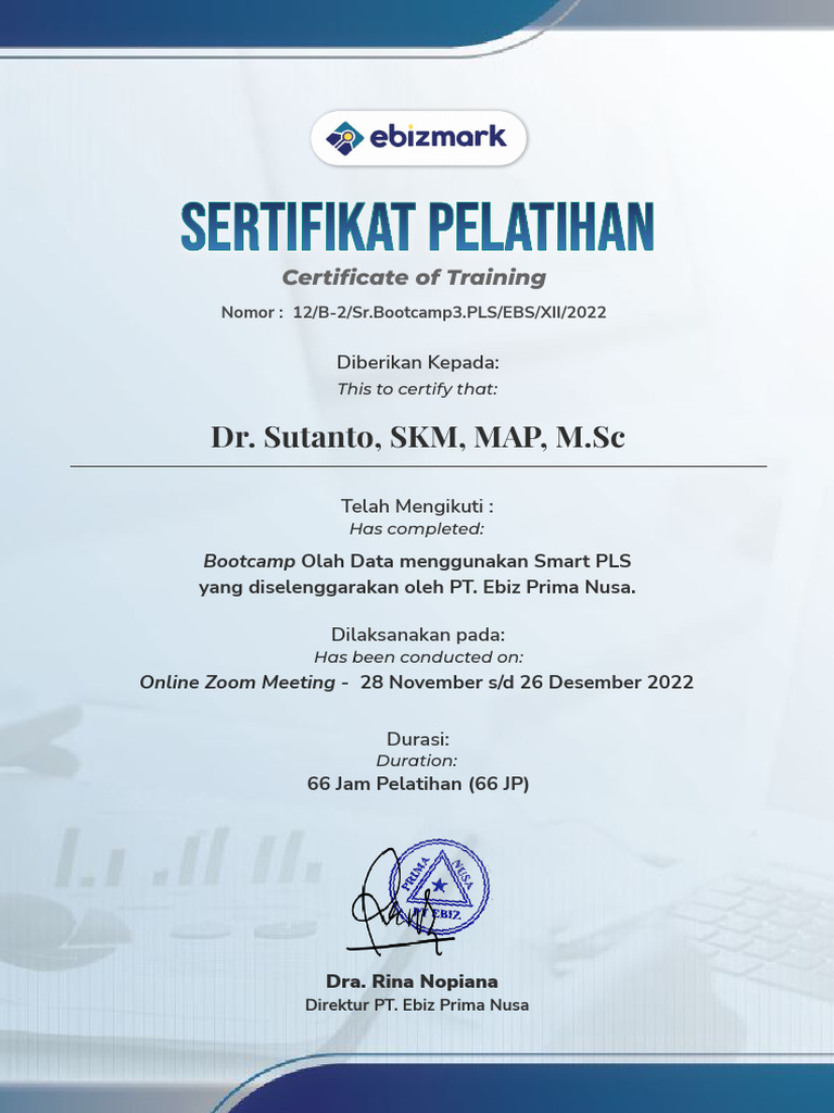 Sertifikat Bootcamp PLS Ebizmark - Dr. Sutanto, SKM, MAP, M.SC | PDF