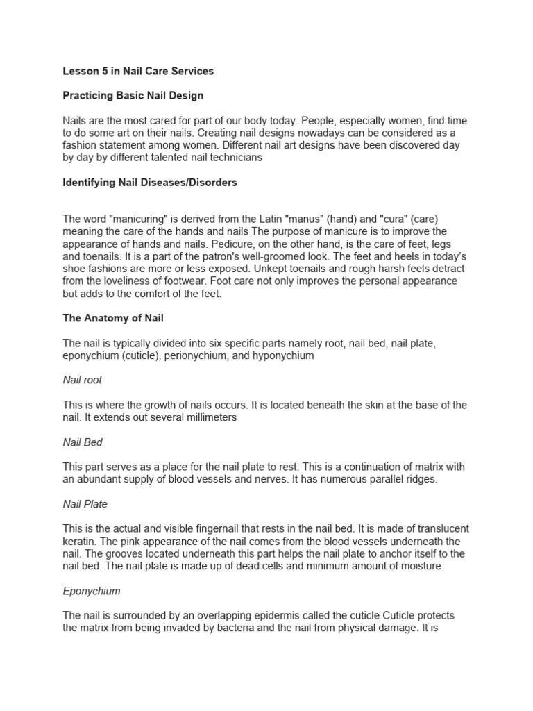 Lesson 5 in Nail Care Services | PDF | Nail (Anatomy) | Diseases And ...