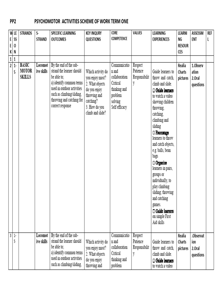 Pp2 Schemes of Work Psychomotor Skills | PDF | Learning | Cognitive Science