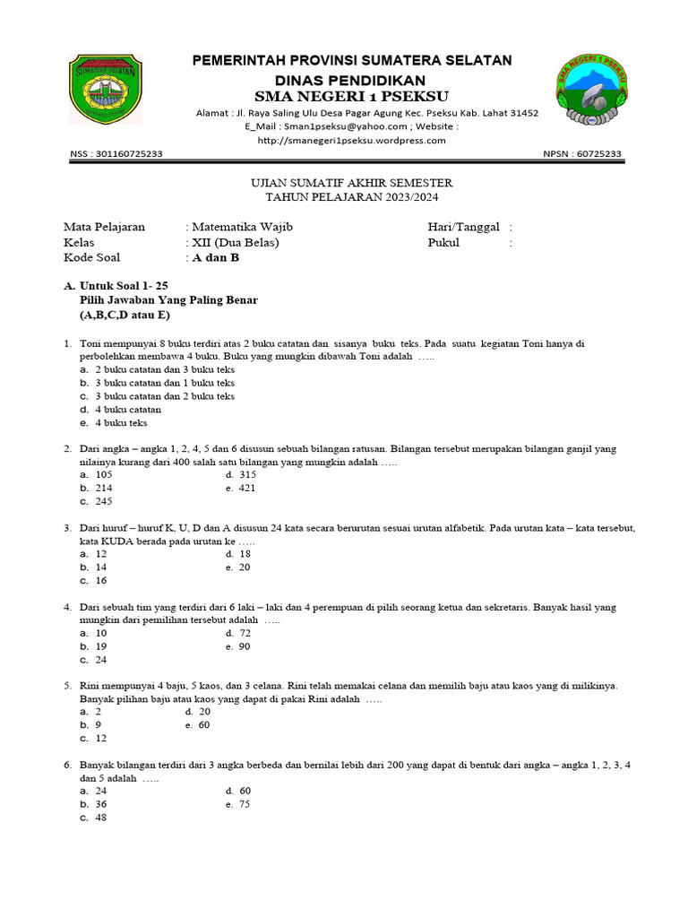 MATEMATIKA WAJIB SUMATIF XII CODE A DAN B 2023 | PDF