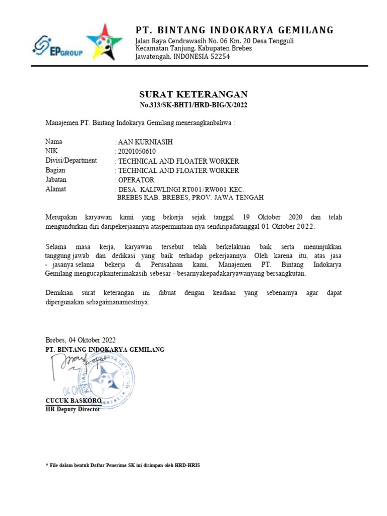 Surat Keterangan Karyawan PT Bintang Indokarya | PDF | Pengelolaan ...