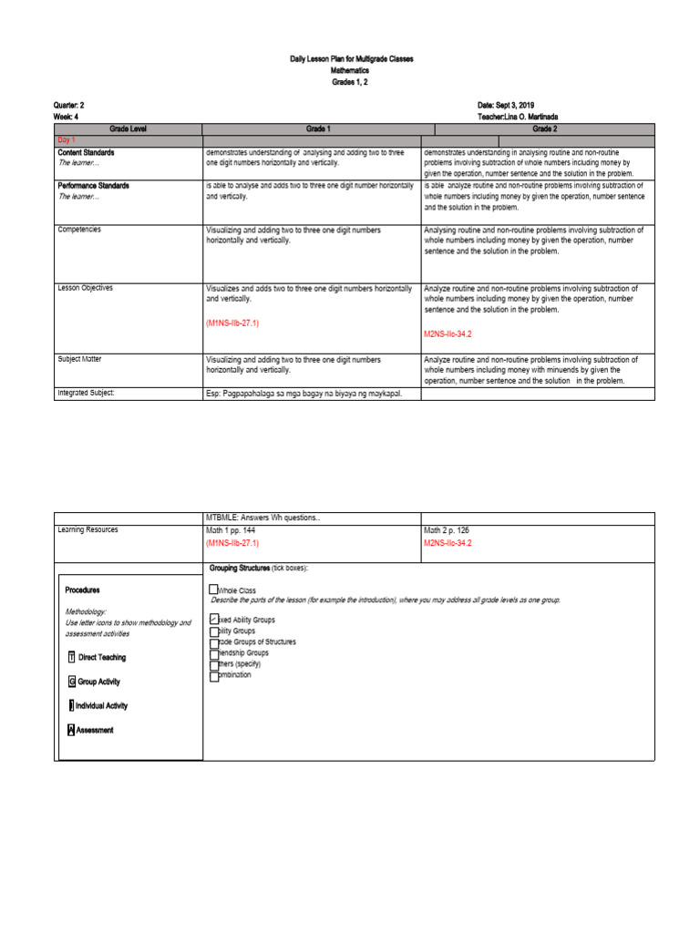 Multigrade Lesson Plan Grade 1 and 2 | PDF | Learning | Mathematics