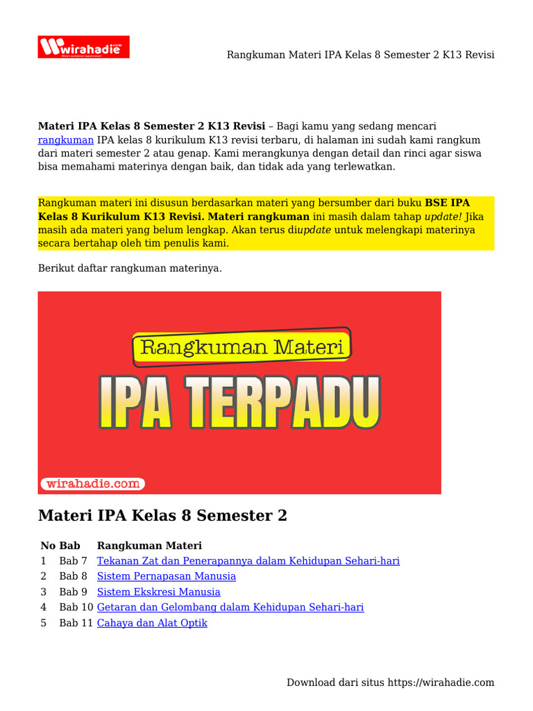 Rangkuman Materi IPA Kelas 8 Semester 2 K13 Revisi | PDF
